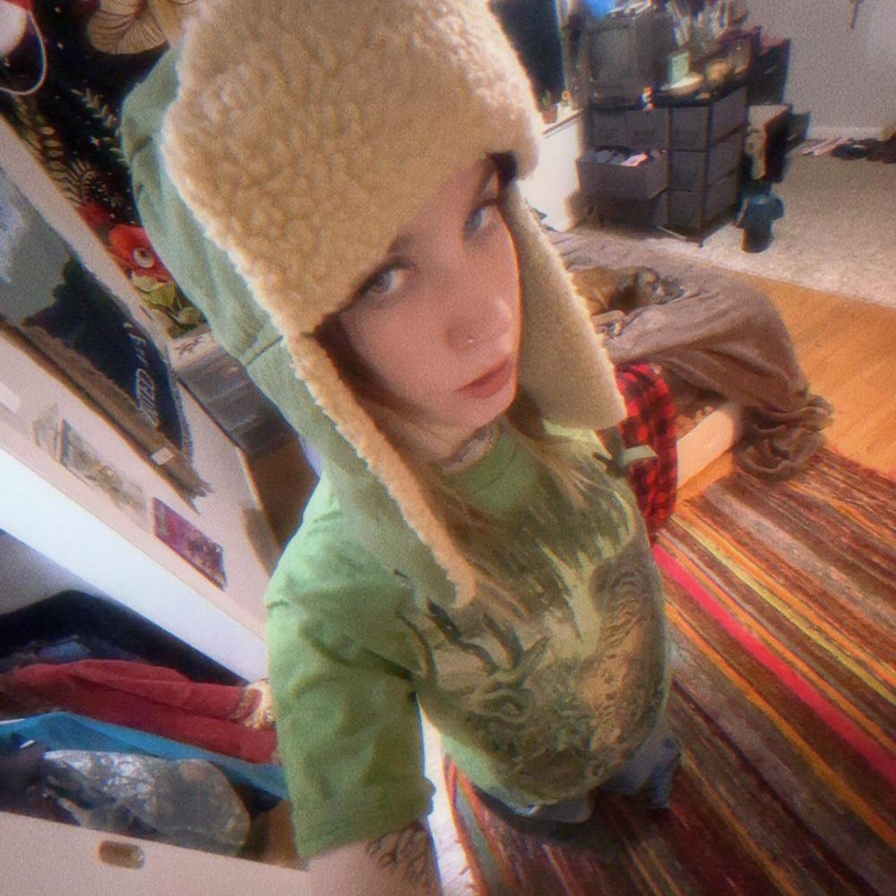 Green and cream fuzzy aviator cap w/... - Depop