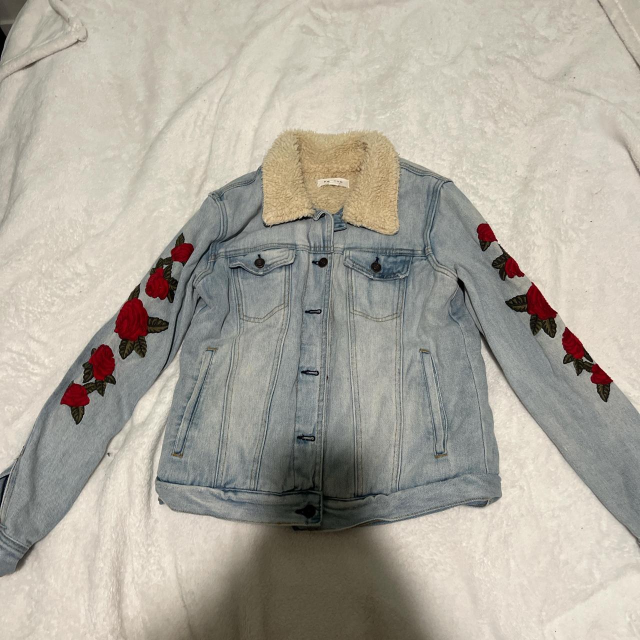 Pacsun Jean jacket with roses - Depop