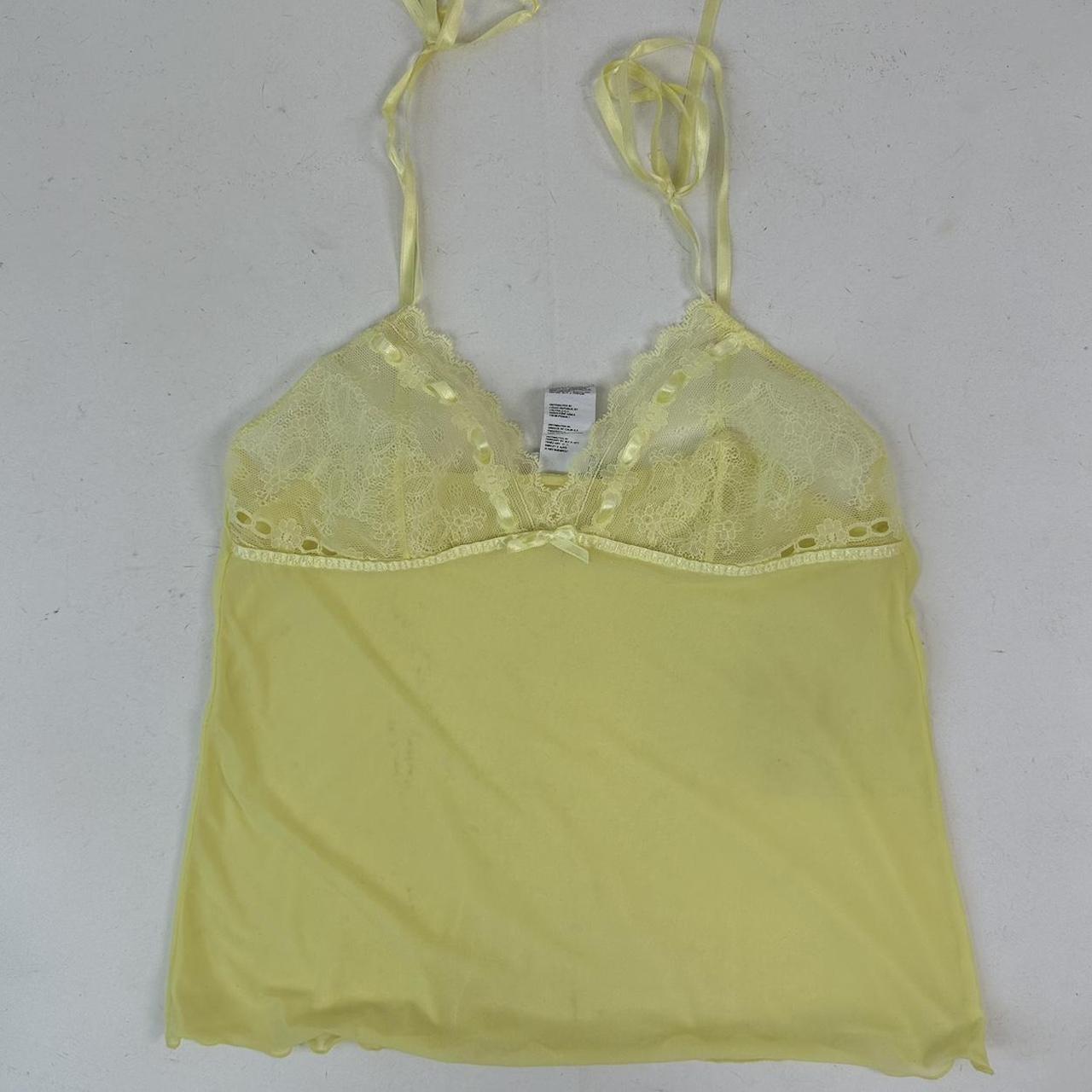 Vintage pastel yellow mesh top cami top ribbon tie... | Depop