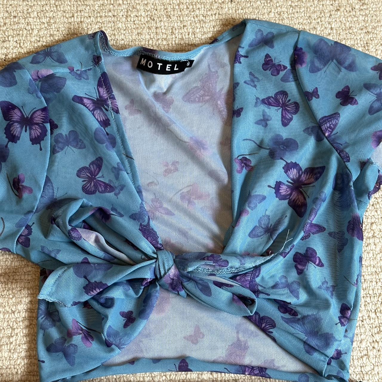 Motel blue & butterfly mesh tie top - Depop