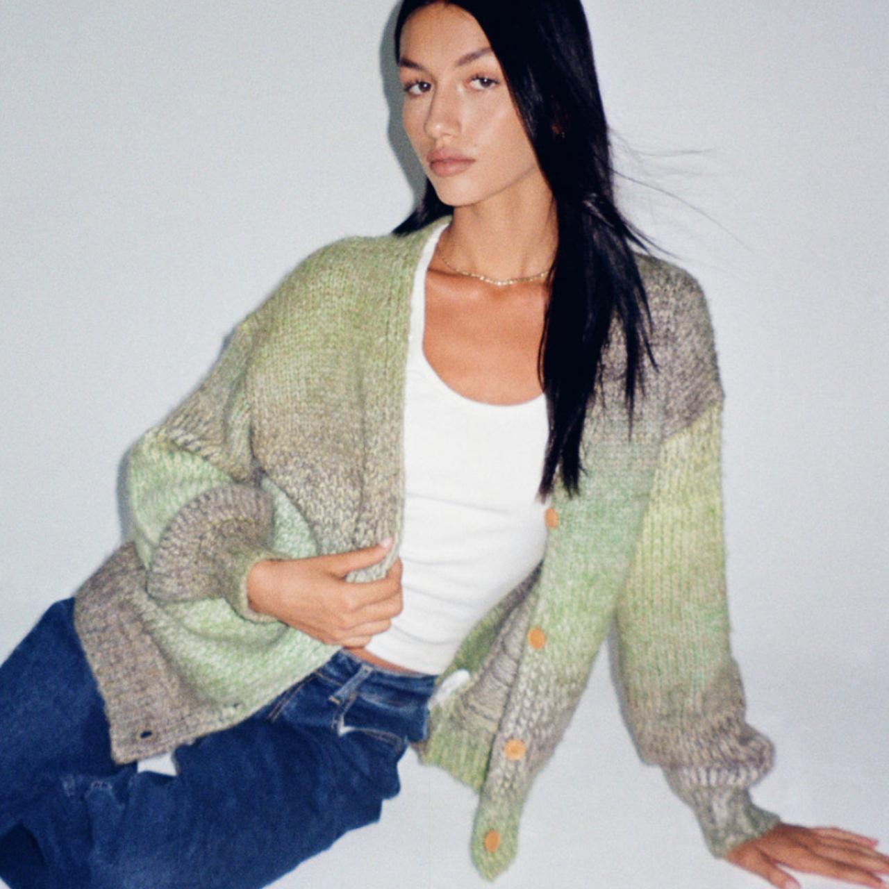 Motel rocks green and brown knit cardigan, only worn... - Depop