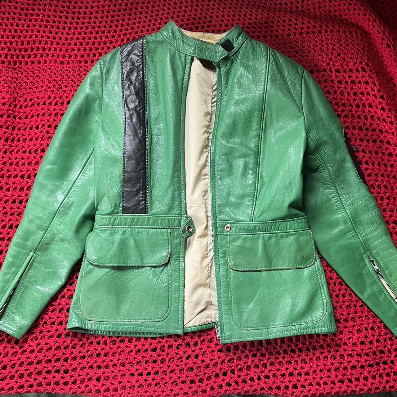 sick green leather jacket real leather with unique... - Depop