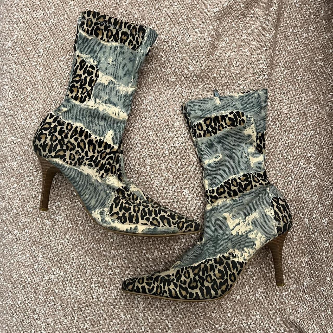 Vintage y2k leopard and denim kitten heel pointed... - Depop