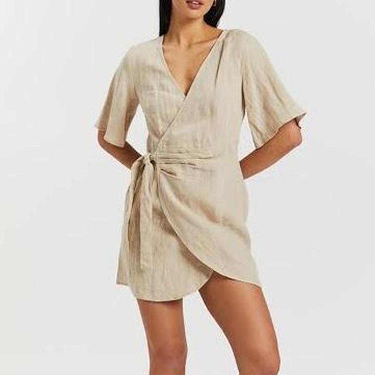 Aere linen wrap mini dress Beige natural... - Depop