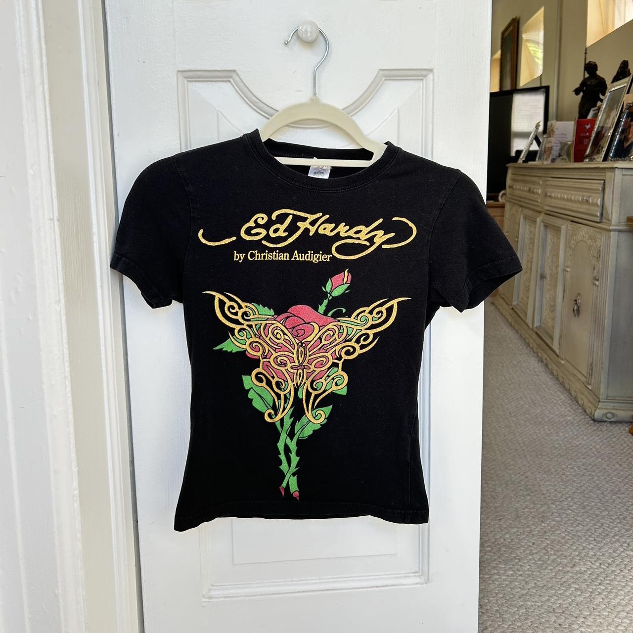 Ed Hardy Black & Gold Baby Tee - doesn’t say the... | Depop