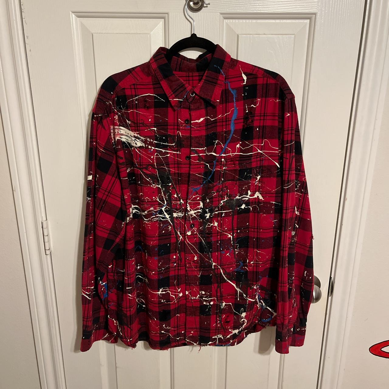 THRASHED red flannel, there are holes and paint all... - Depop