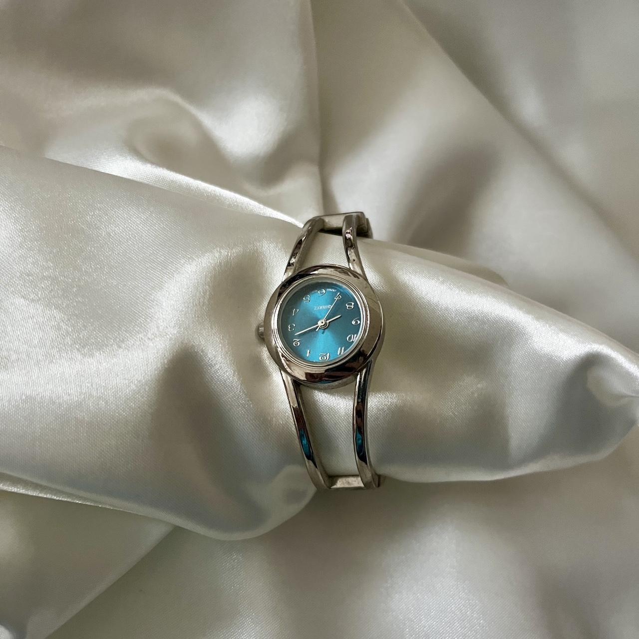 Vintage watch with gorgeous satin blue face, silver... - Depop