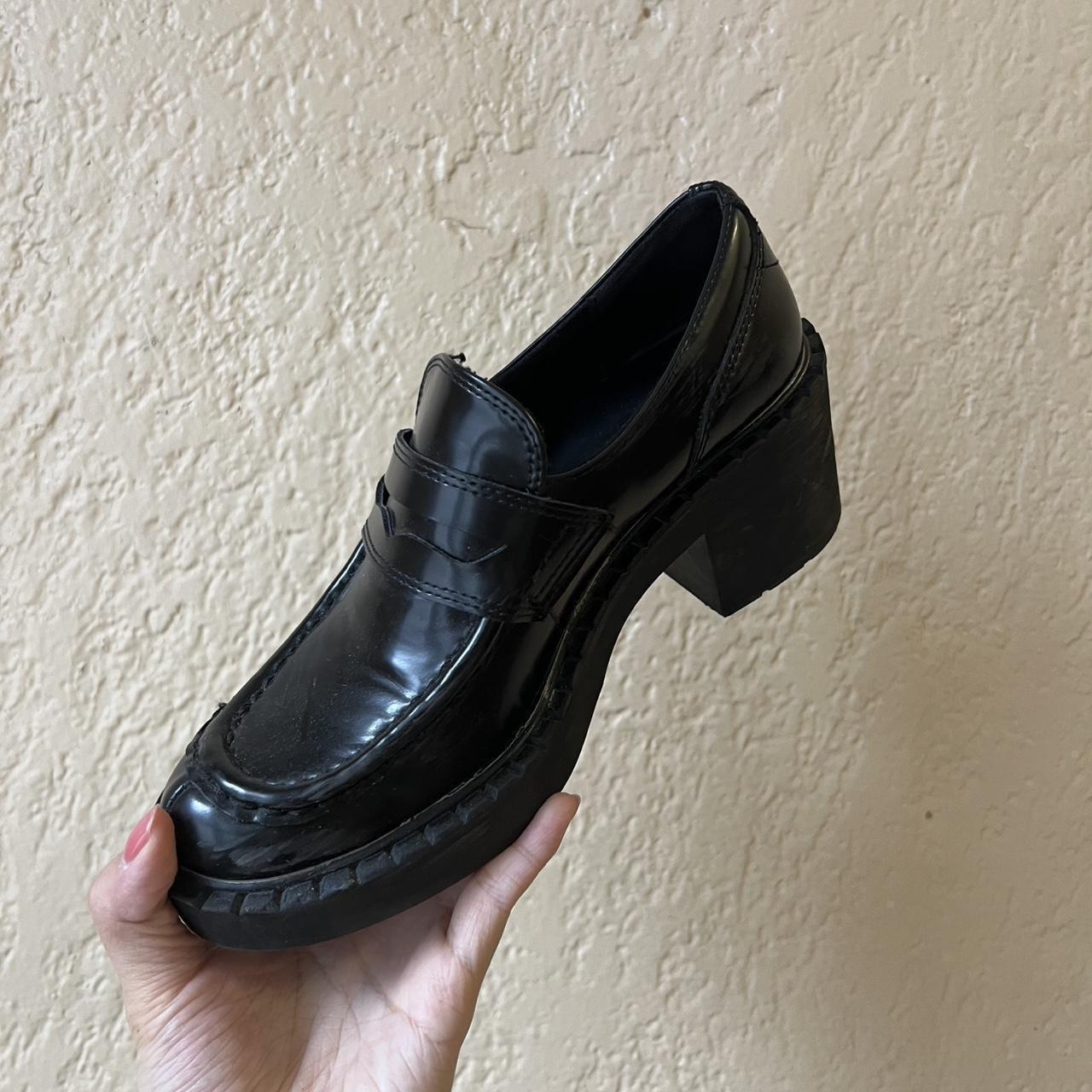 Black leather chunky platform loafer heels Glossy... | Depop
