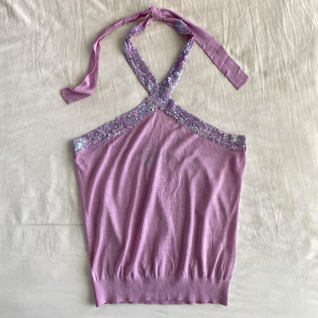 Y2K pink knit halter top High neck. Sequined... - Depop