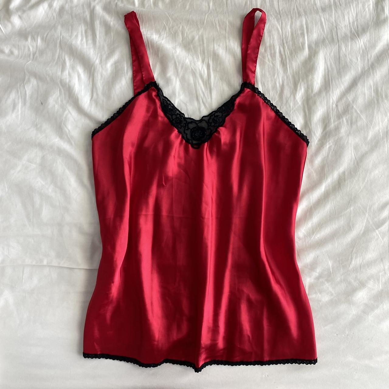 Vintage red satin cami Black lace trim and beading... - Depop