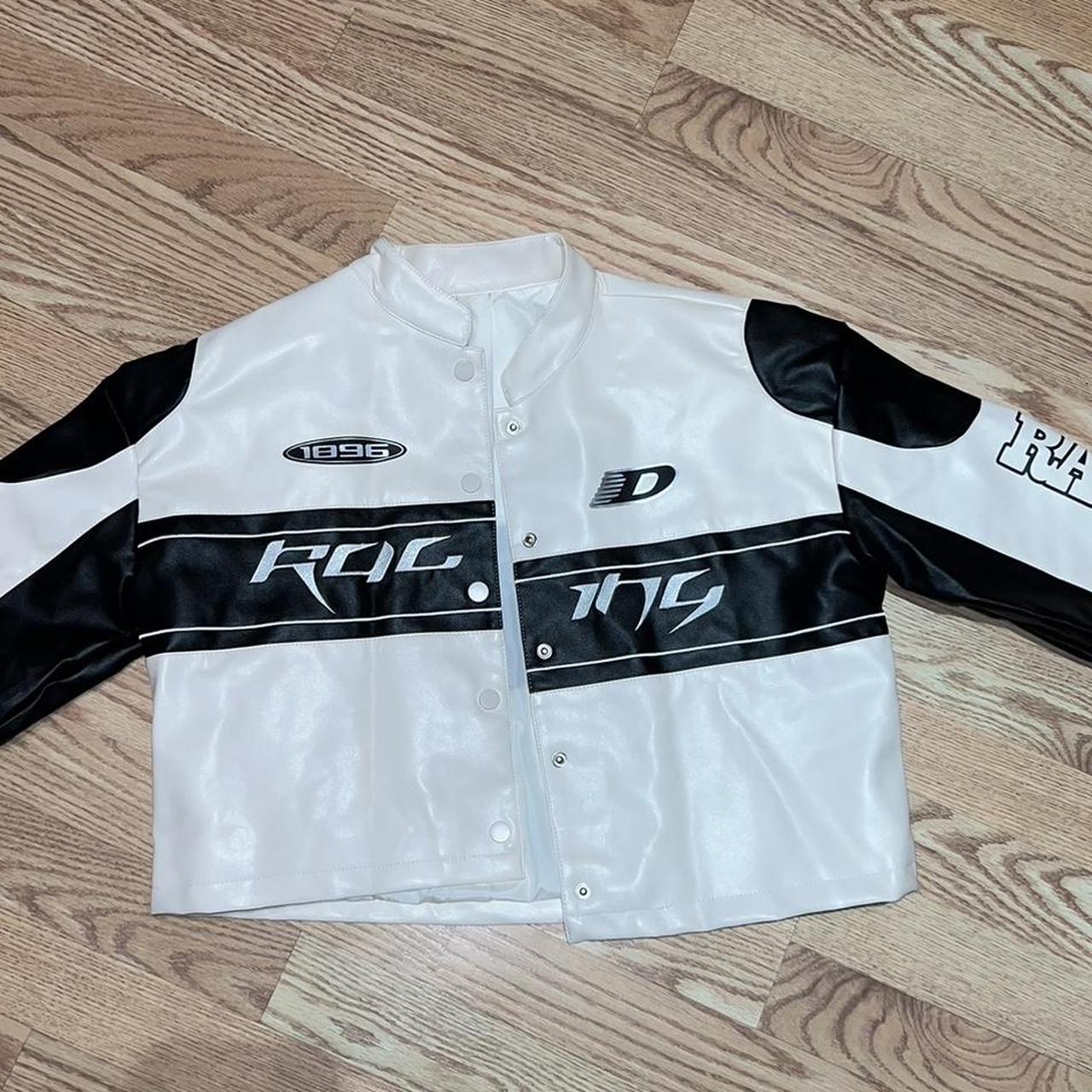 black and white cropped racing jacket - Depop