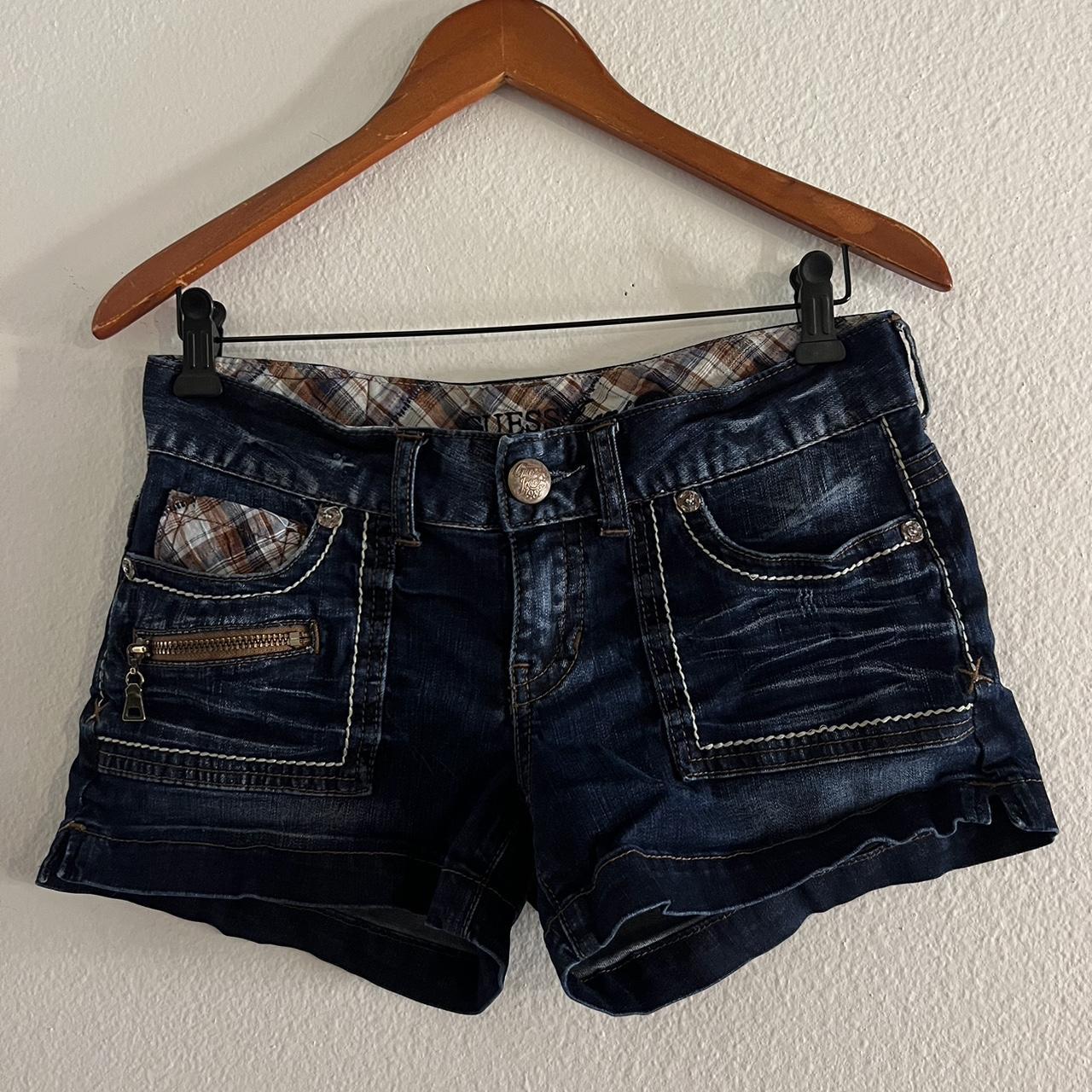 Guess denim shorts with plaid lining #plaid... | Depop