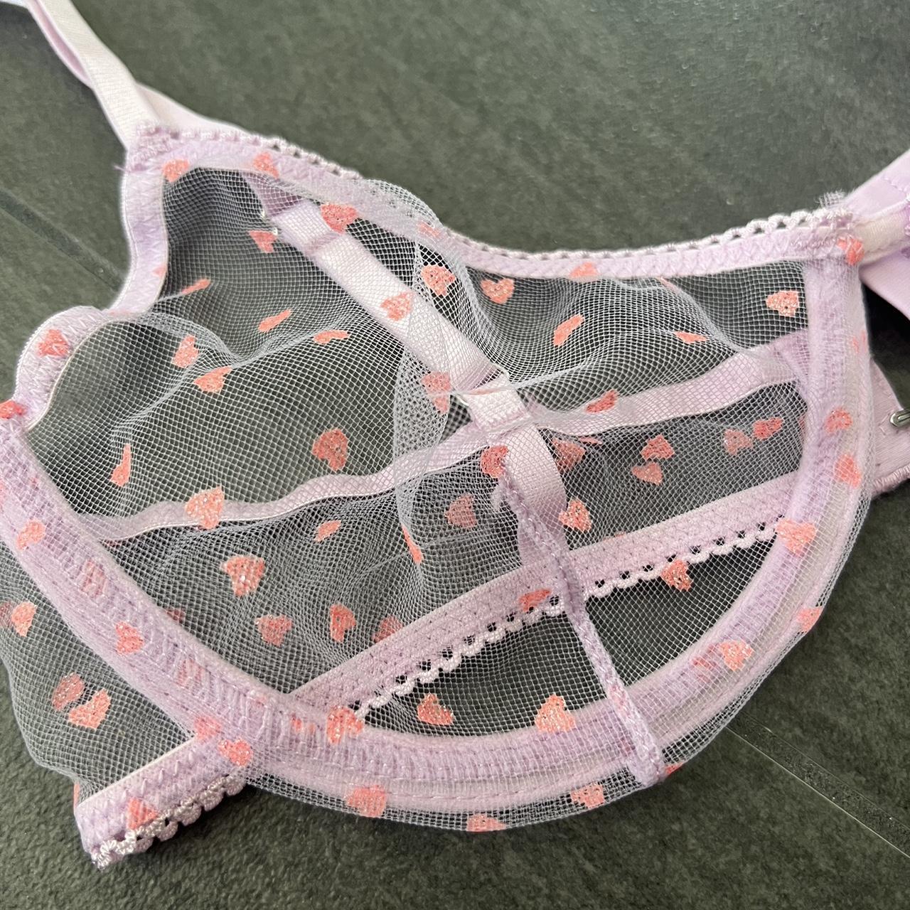 sheer mesh heart bra purple lining with pink... - Depop