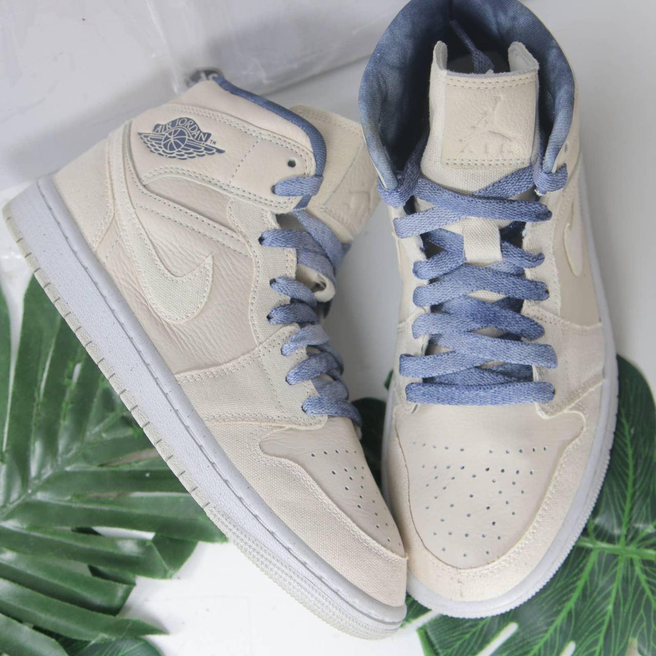 Name: Nike Air Jordan 1 Mid Cream Canvas Blue Size... - Depop