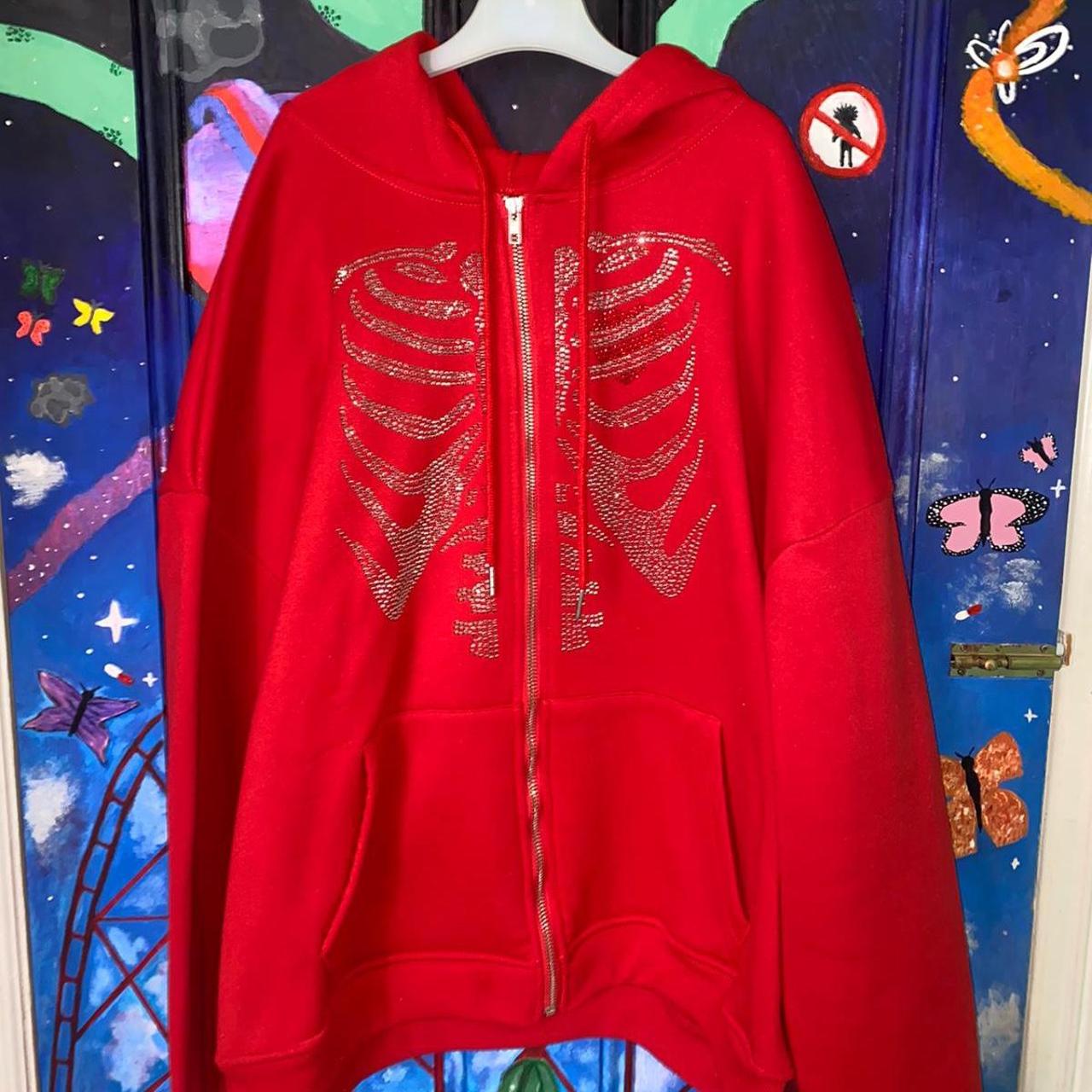 Thrifted red hoodie with skeleton diamanté design... - Depop