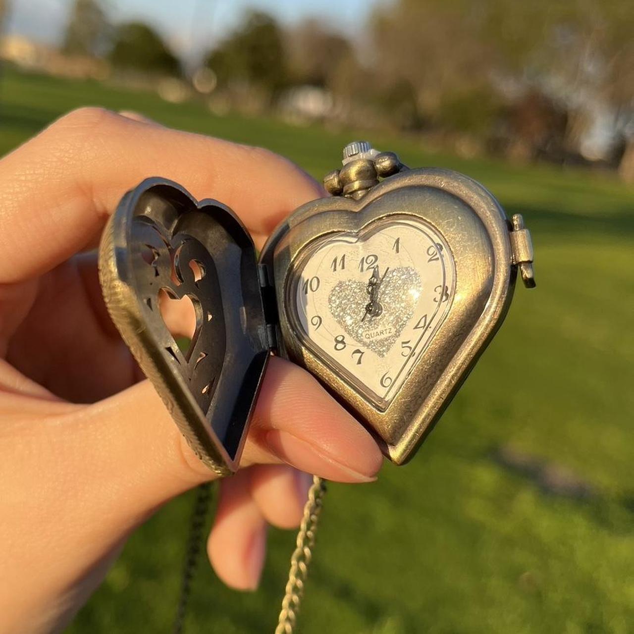 Clock heart locket long chained necklace completely... - Depop