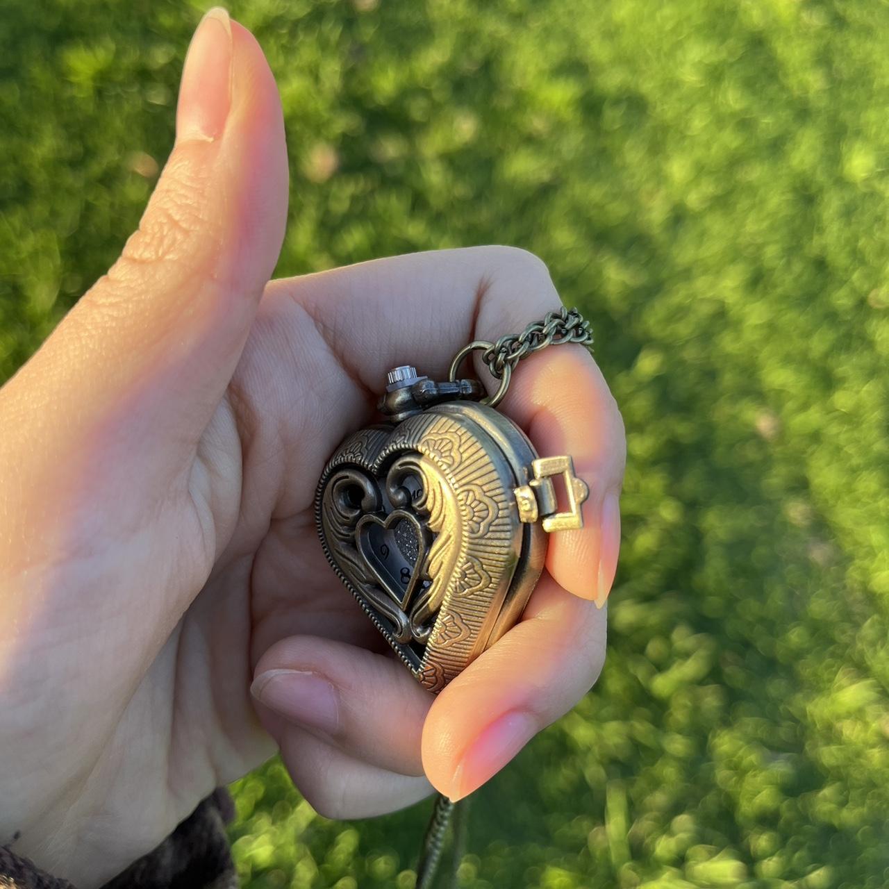 Clock heart locket long chained necklace completely... - Depop