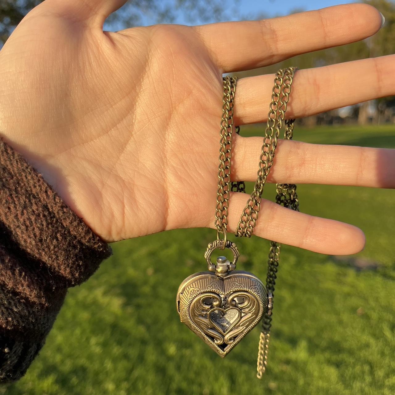 Clock heart locket long chained necklace completely... - Depop