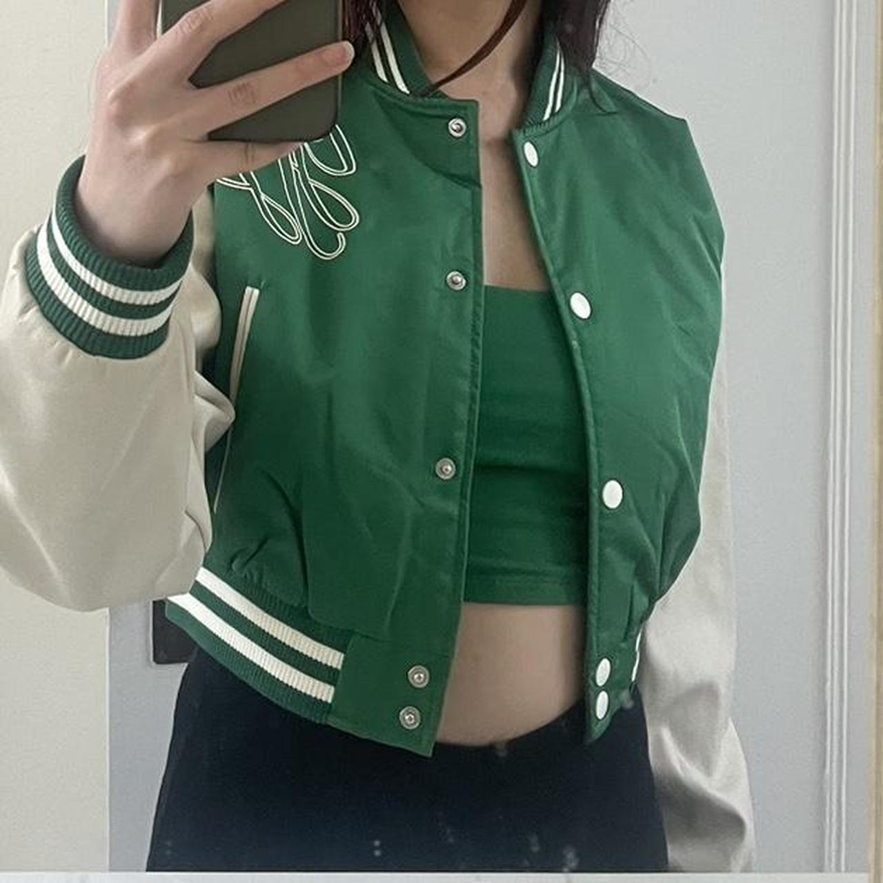 CROPPED GREEN VARSITY JACKET SUPER CUTE WORN TWICE... - Depop