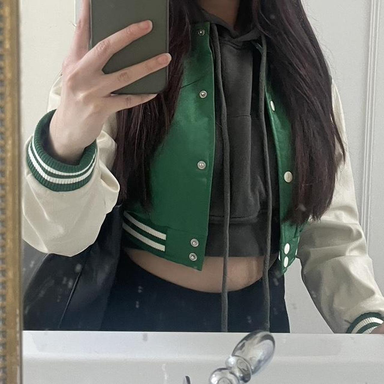 CROPPED GREEN VARSITY JACKET SUPER CUTE WORN TWICE... - Depop