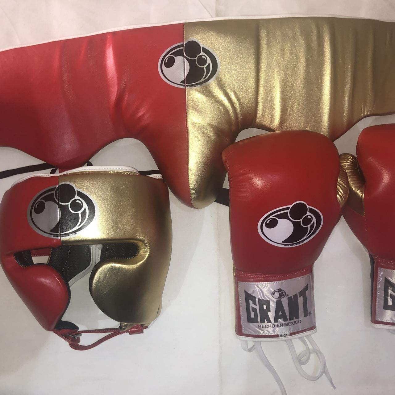 Winning Grant red gold gloves and head guard grant... - Depop