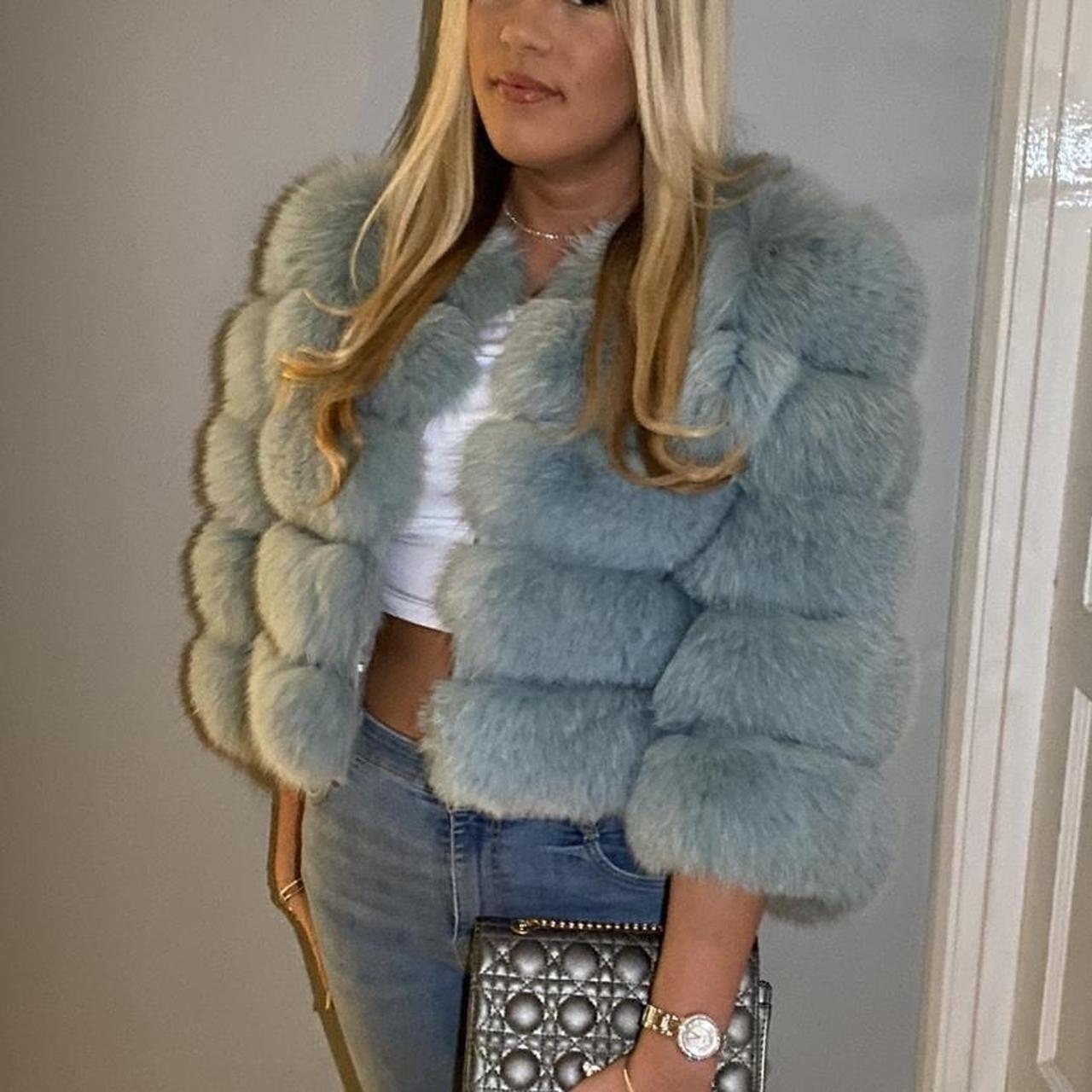 Real light blue fox fur coat. Size XL but runs very... - Depop