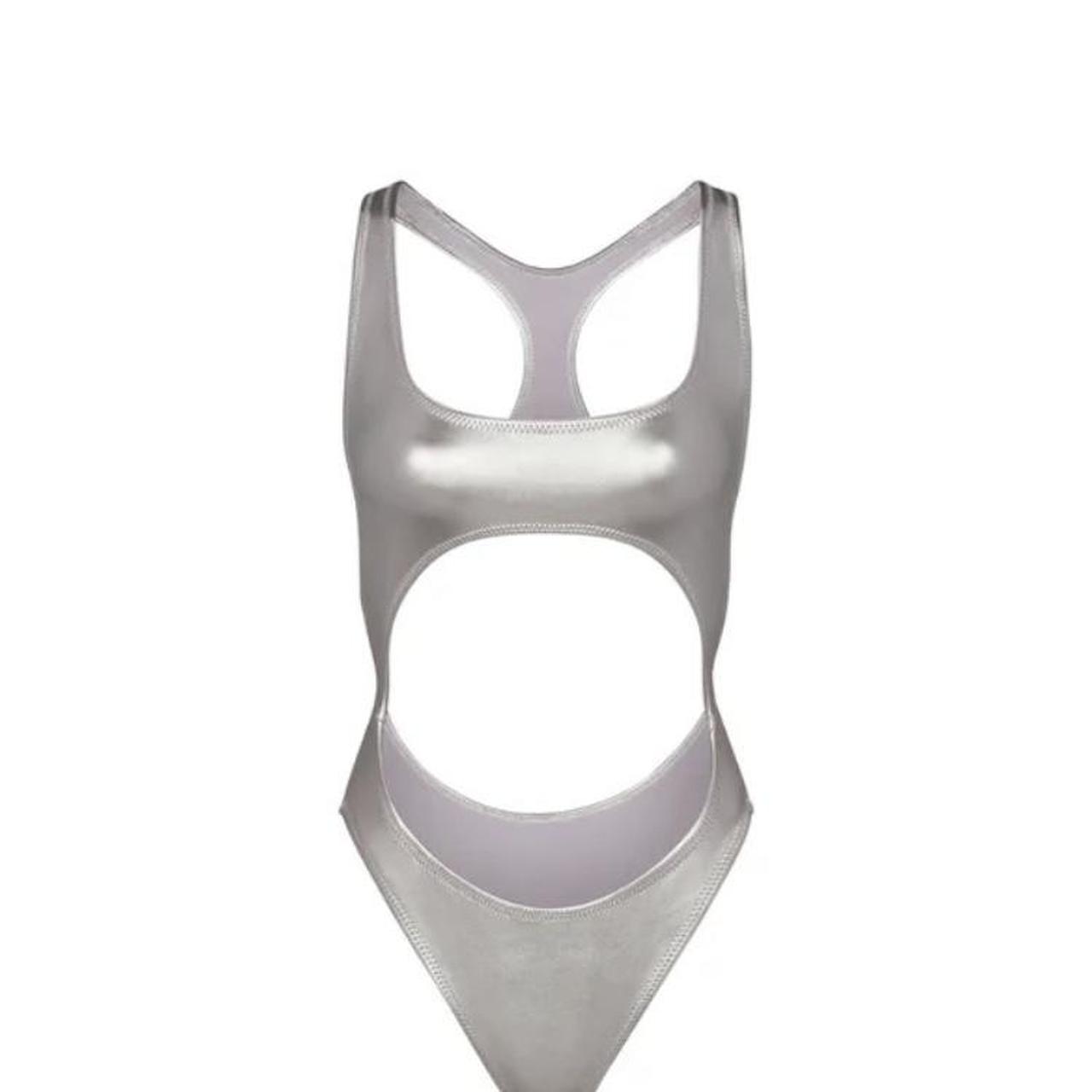 SKIMS METALLIC SWIM CUT-OUT MONOKINI Nickle Silver... - Depop
