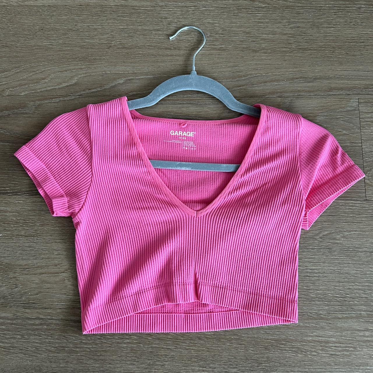 GARAGE Pink Ribbed V-neck Crop Top size XS cropped... - Depop