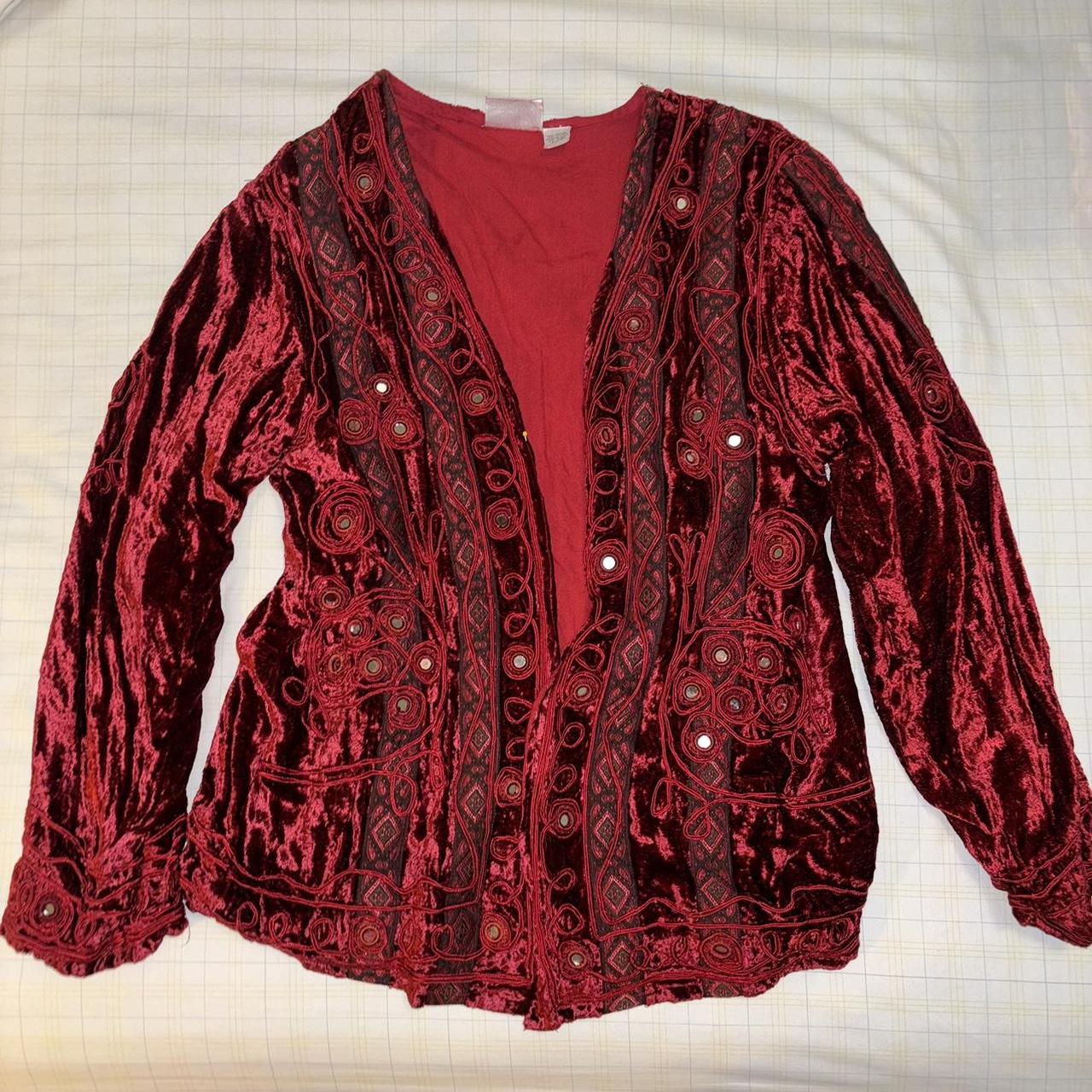 velvelty unique patterned vintage red cardigan with... - Depop