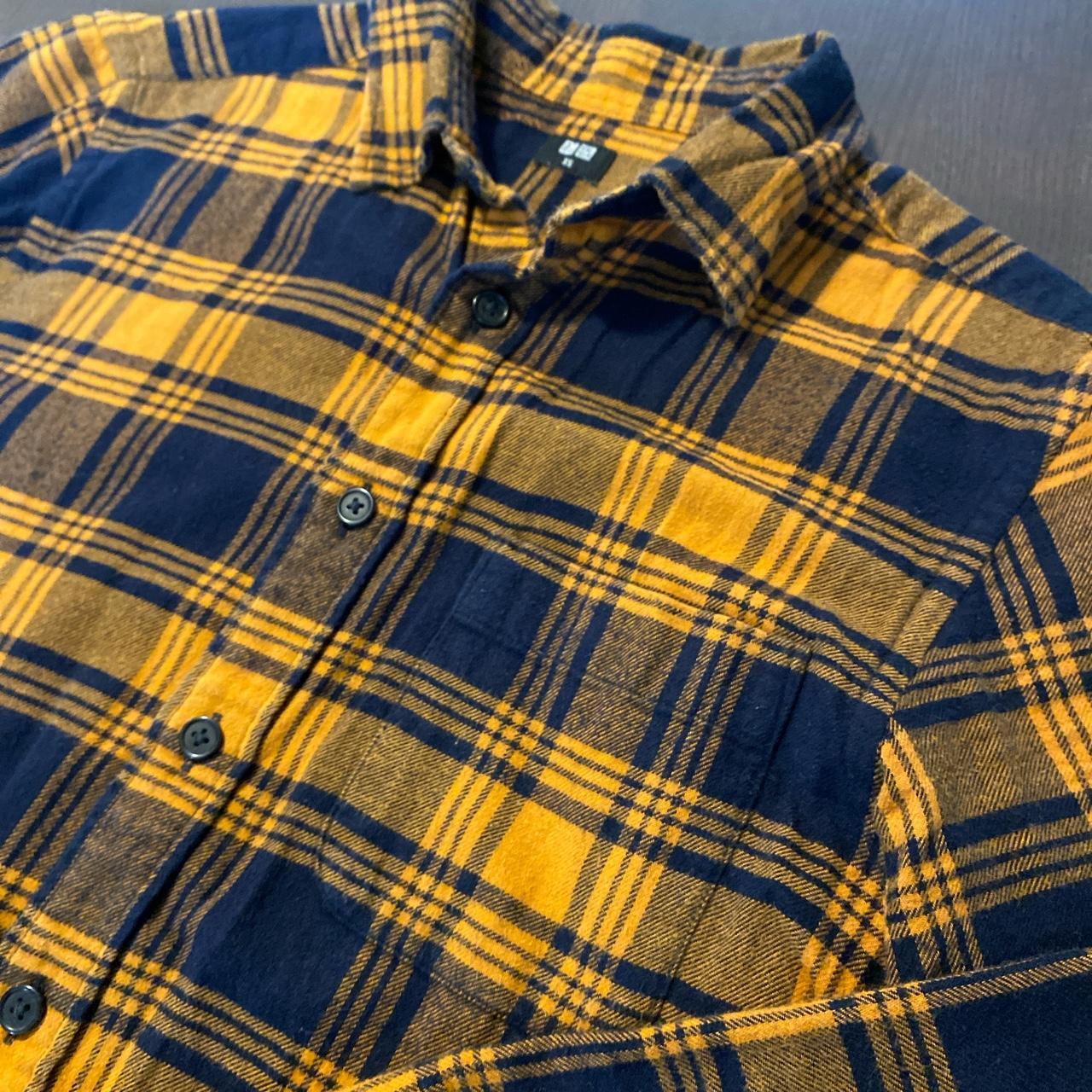 Uniqlo Orange and Navy Plaid Flannel Size: XS - Depop