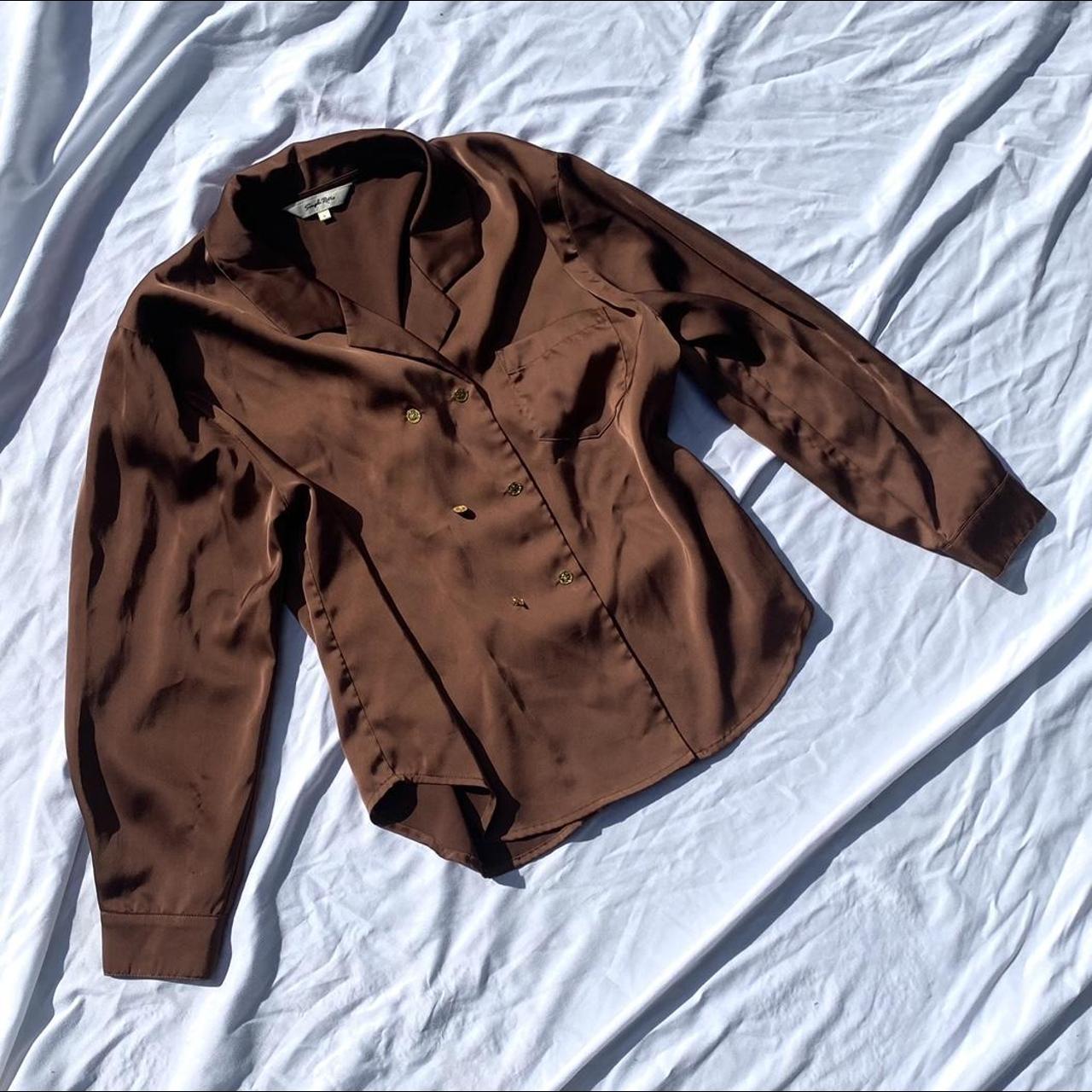 Vintage inspired brown satin button up blouse Size:... | Depop