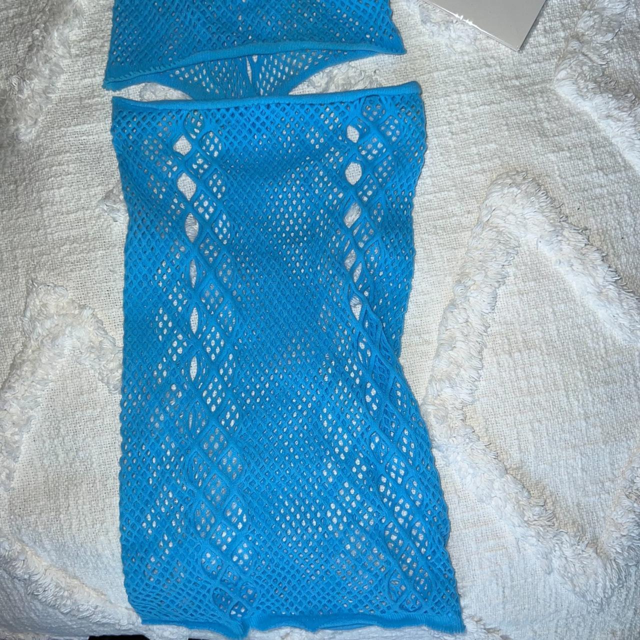 Blue fishnet dress with face hem sticker. This dress... - Depop