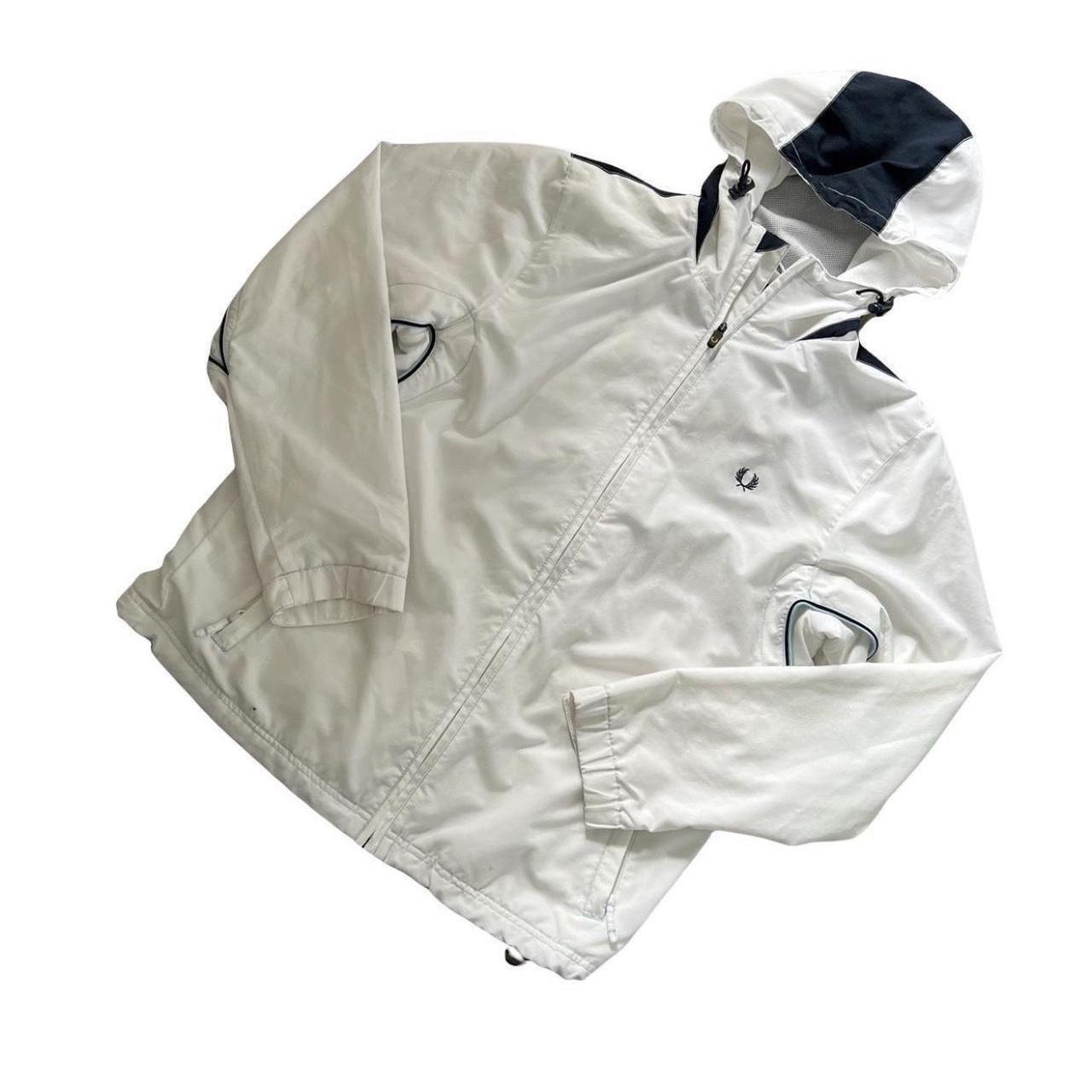 fred perry white windbreaker with hood and blue... - Depop