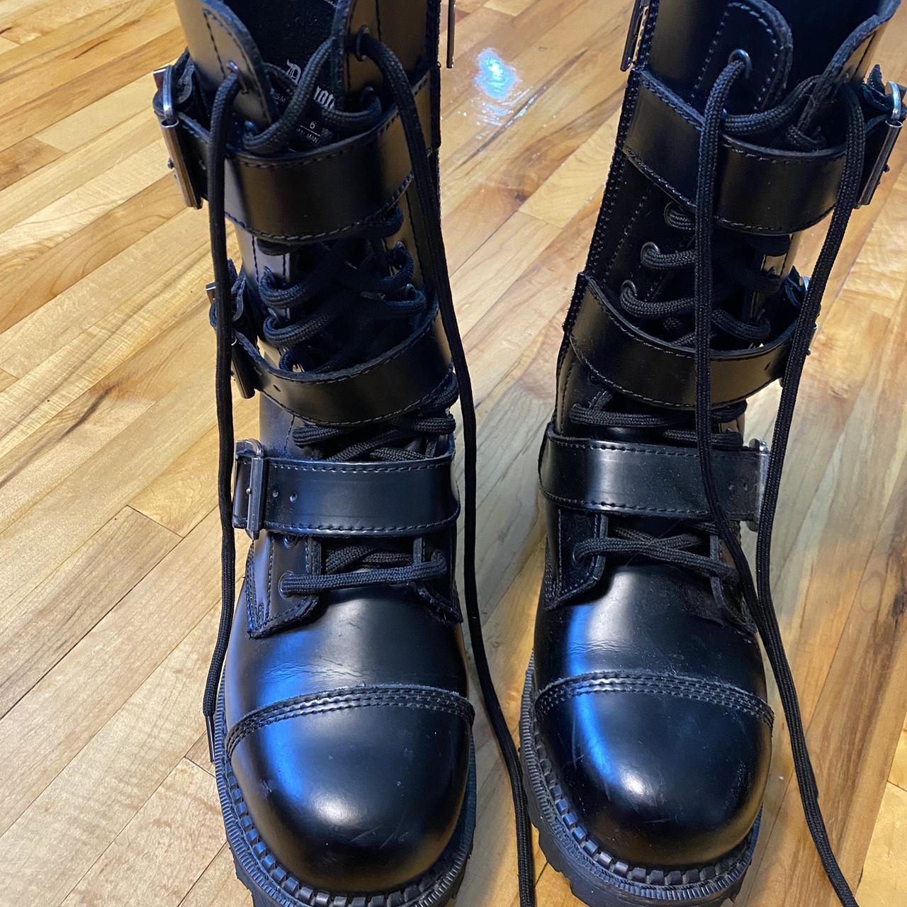 Demonia Riot-12bk black leather combat boots size... | Depop