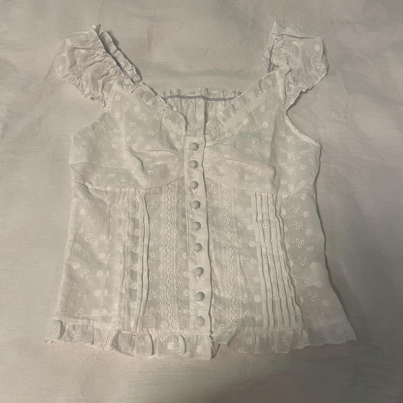 White ruffle frill button up blouse top with floral... | Depop