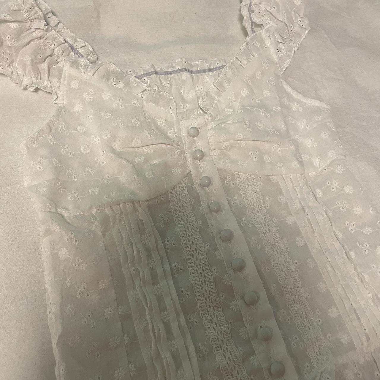 White ruffle frill button up blouse top with floral... | Depop