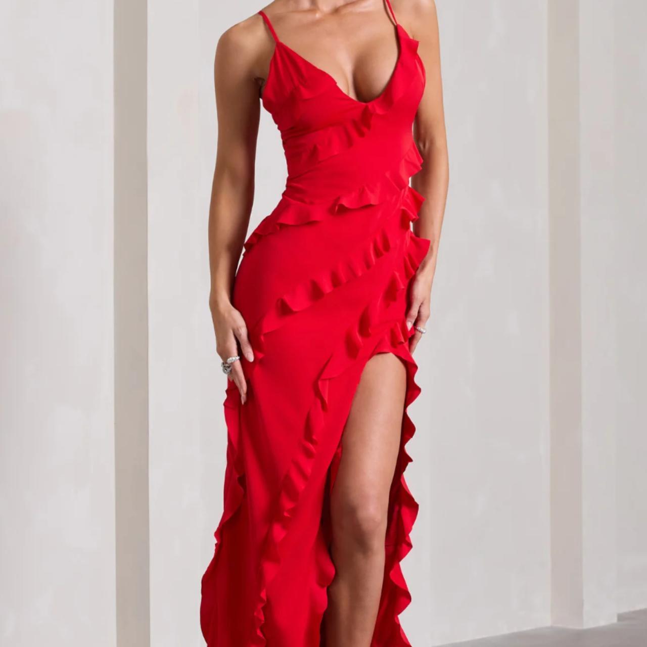 RED PLUNGE NECKLINE RUFFLE MAXI DRESS Brand New -... - Depop