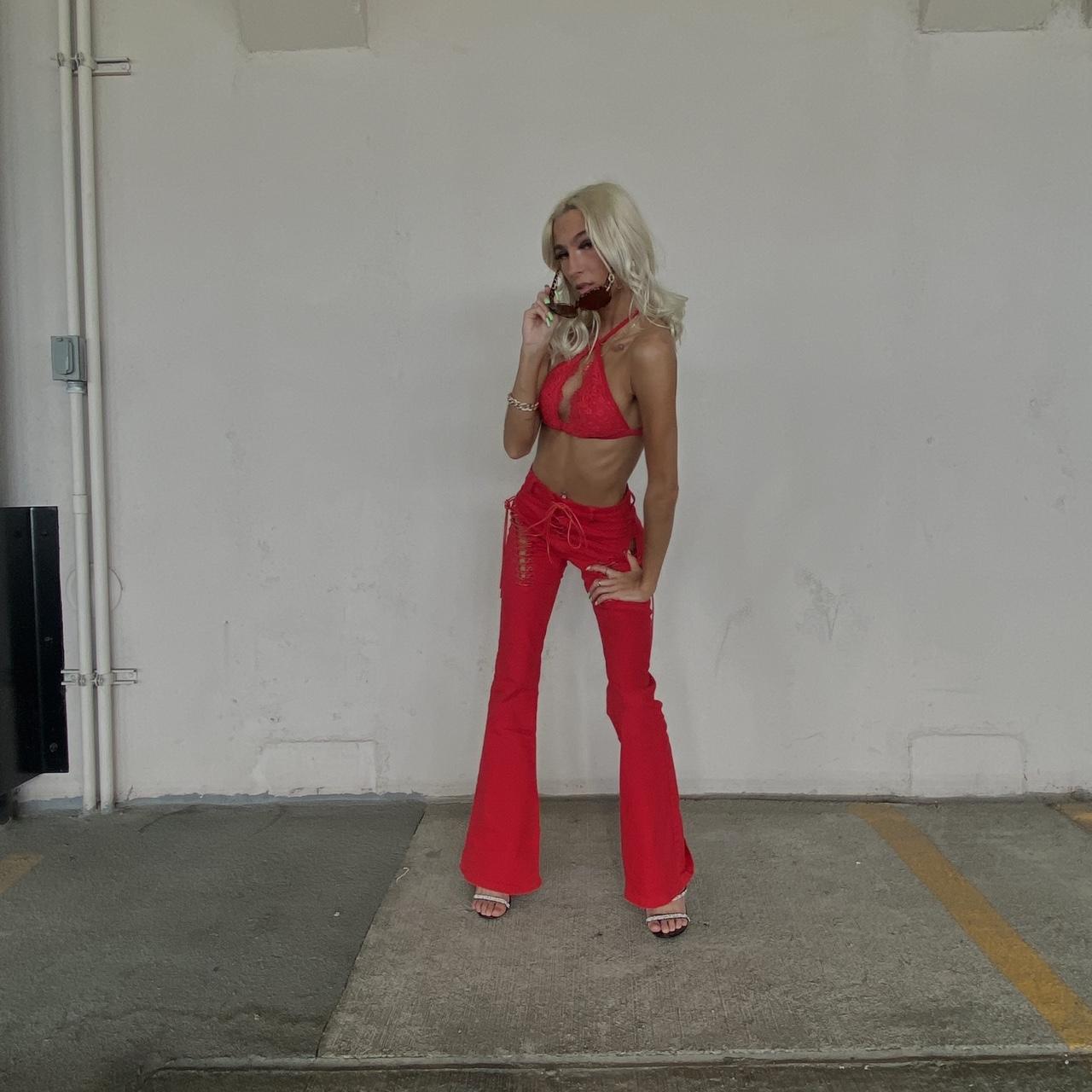 Red Flared Lace-Up Jeans Size xs #red #redjeans... - Depop