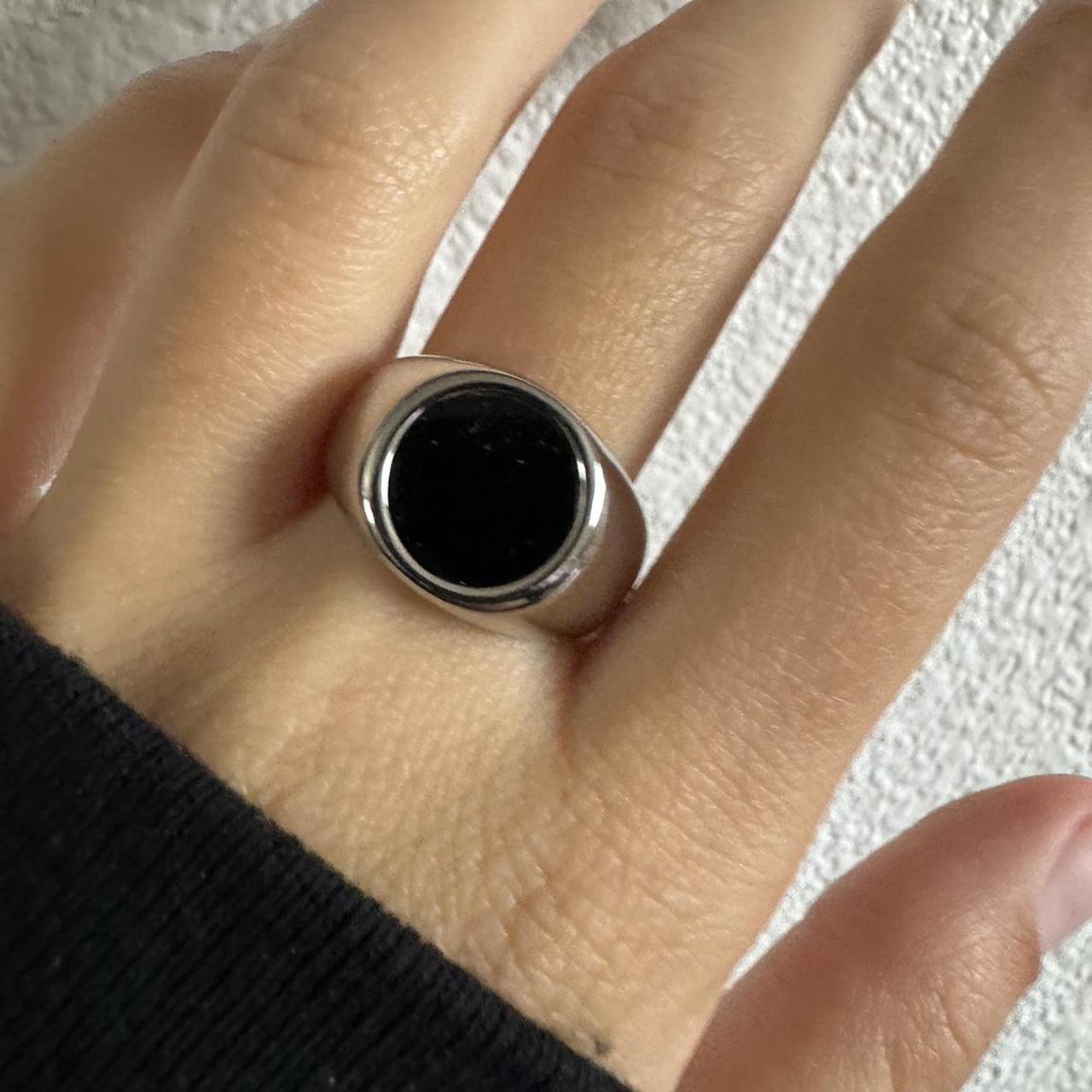 Silver chunky round circle black signet ring... - Depop