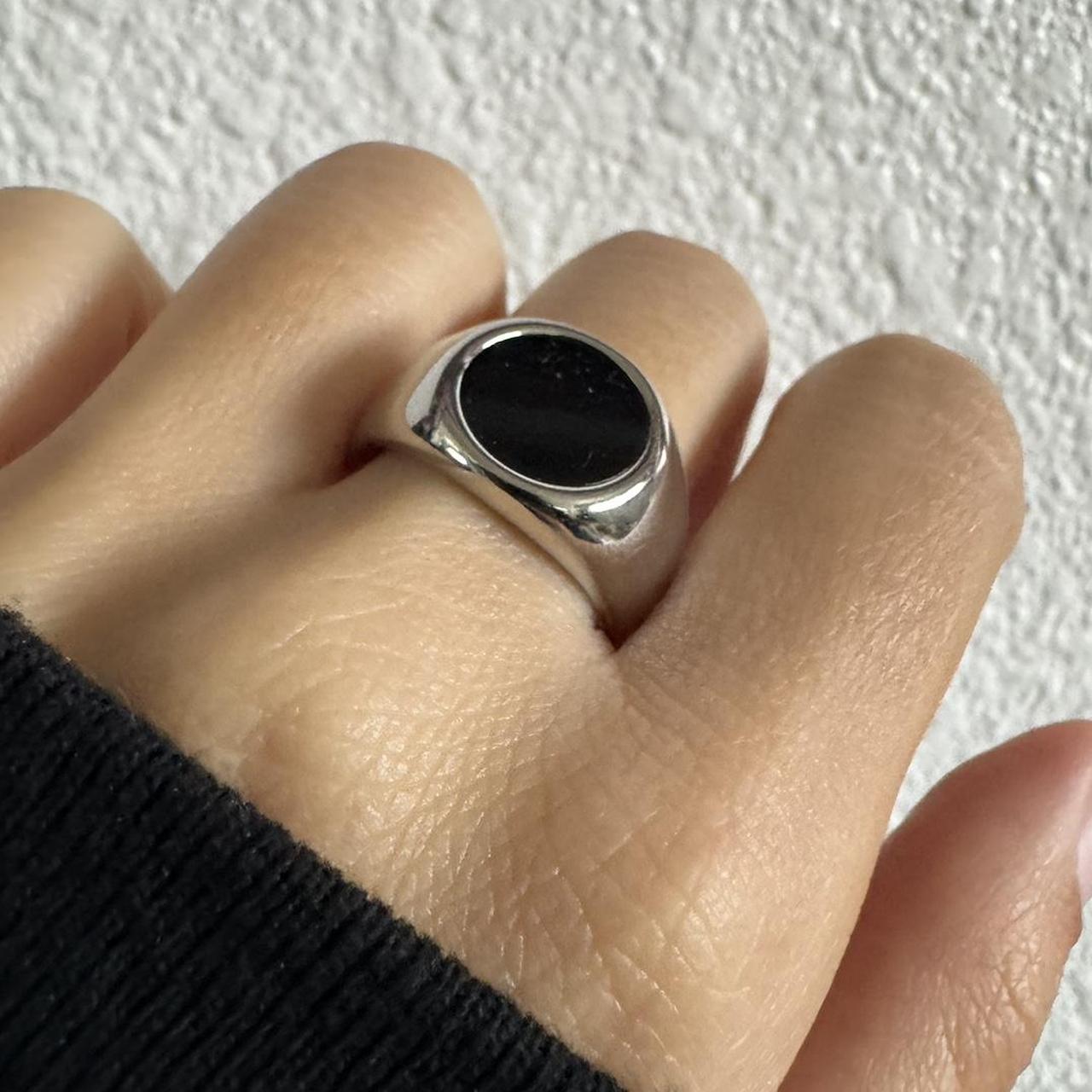 Silver chunky round circle black signet ring... - Depop