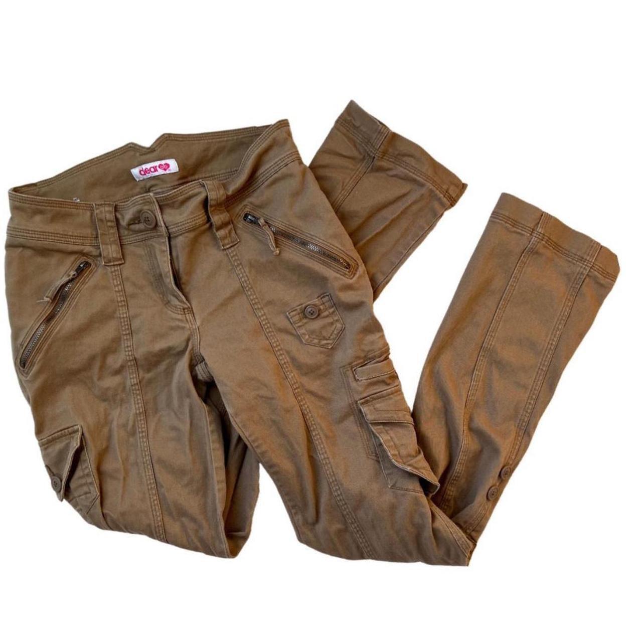 y2k tan cargo pants with adjustable length straps at... - Depop