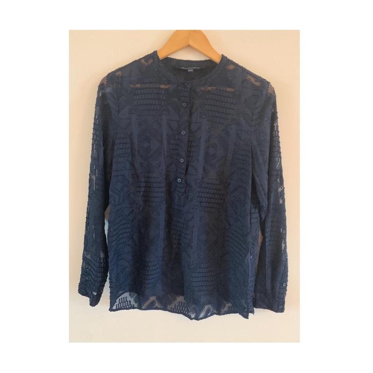 French Connection Navy Blue Partially Sheer Blouse... - Depop
