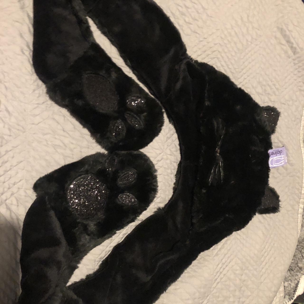 black fluffy emo 3in1 hat scarf and glove black cat... - Depop