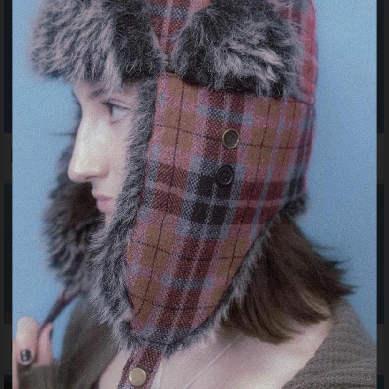 Vintage 00s REI red plaid faux fur lined trapper hat... - Depop