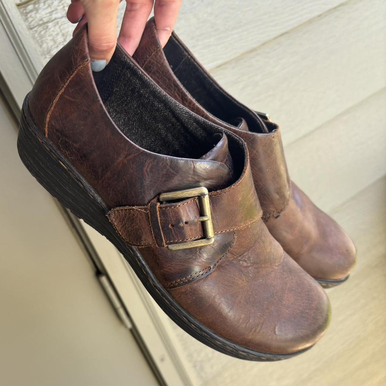 Vintage BOC 90s brown leather platform buckle clogs... - Depop