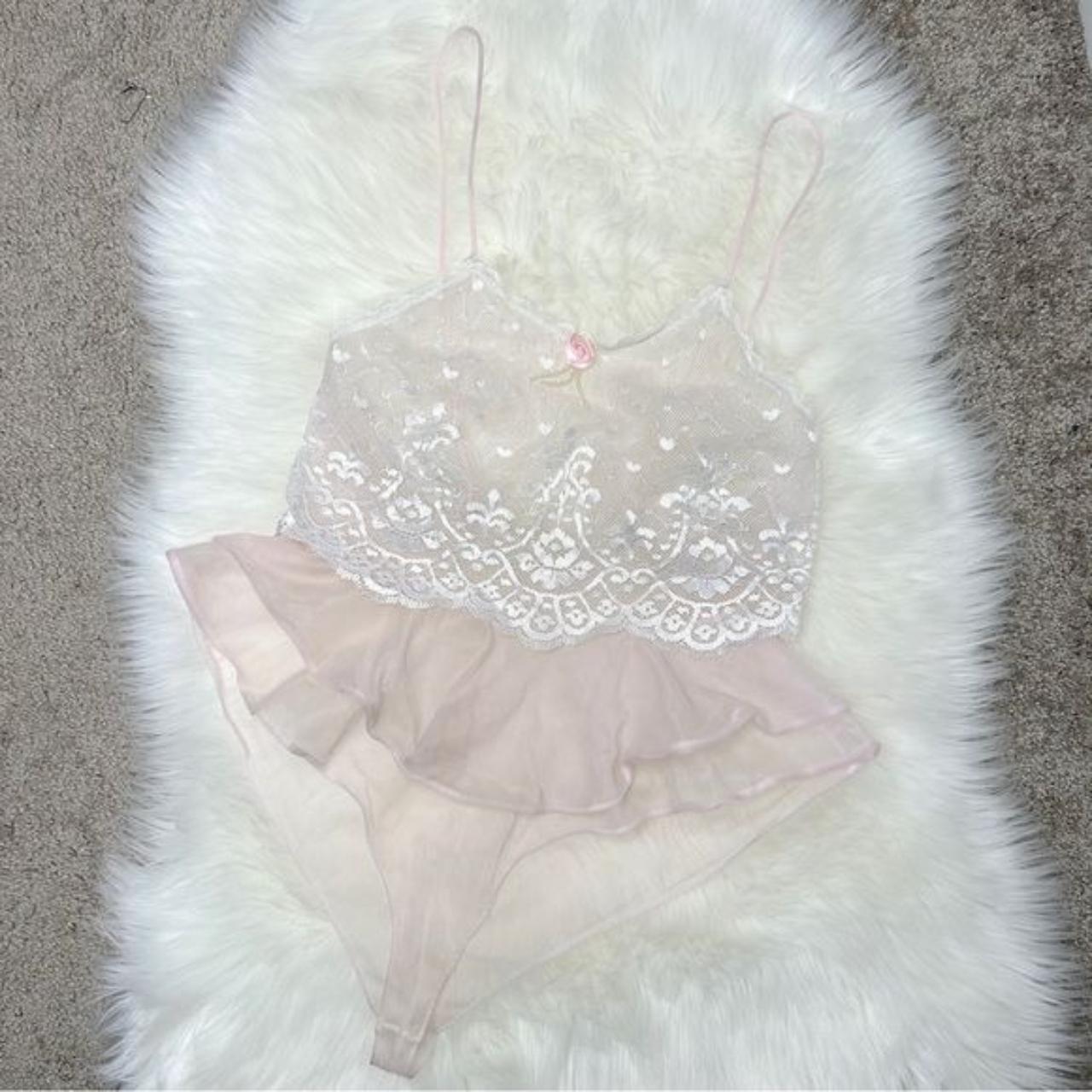 Vintage Soft Pink Sheer Ruffle Lace Teddy Romper... | Depop