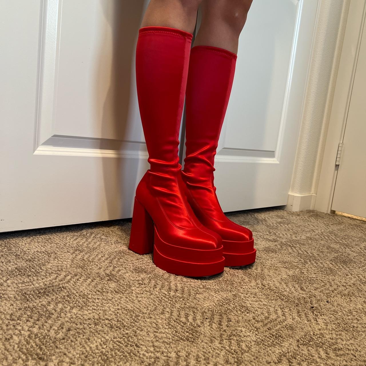 Red satin platform knee high Steve Madden boots.... - Depop