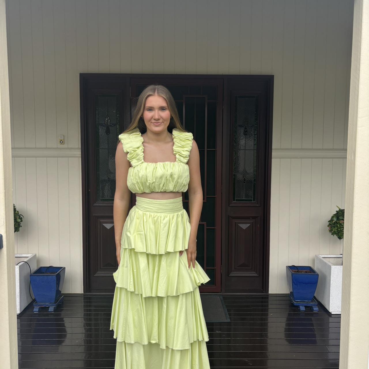 AJE Set Medina Tiered Midi Skirt and Ruched Cropped... | Depop