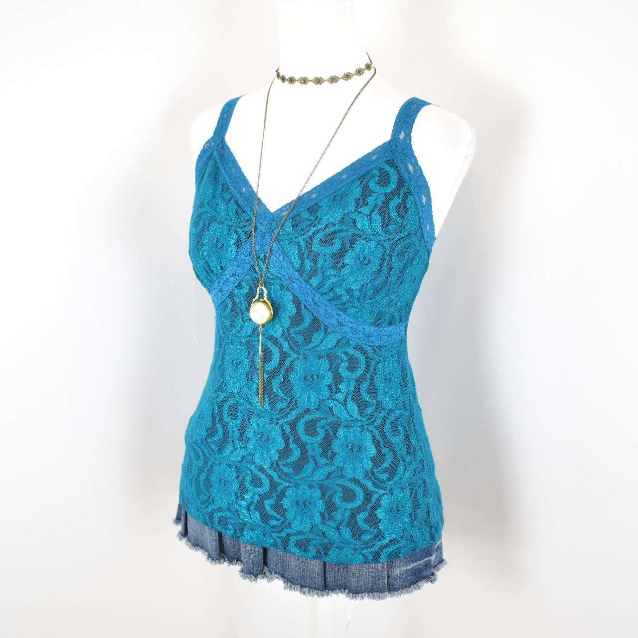 Vintage 2000s Y2K Teal Blue Floral Lace Pattern Mesh... | Depop
