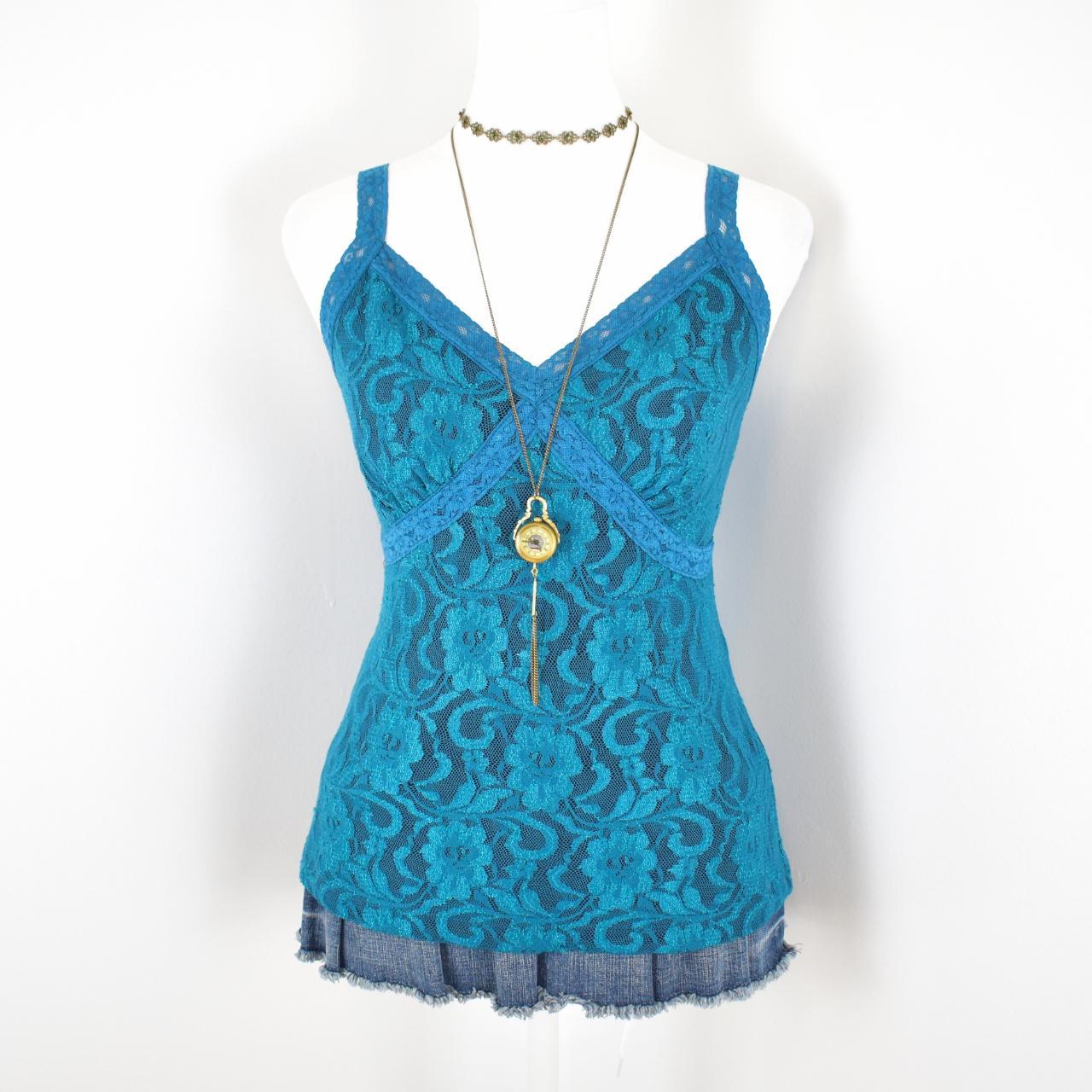 Vintage 2000s Y2K Teal Blue Floral Lace Pattern Mesh... | Depop